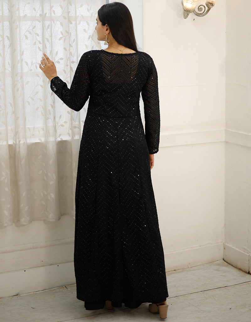 Black Rayon Gown With Gorgette Crochet Embroidery Shrug With Fancy ...