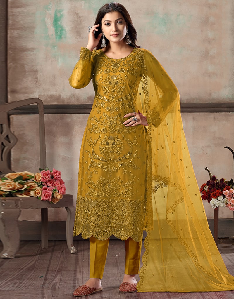 Mustard Net Pant Suit Maroon Embroidery Work – Arabic attire