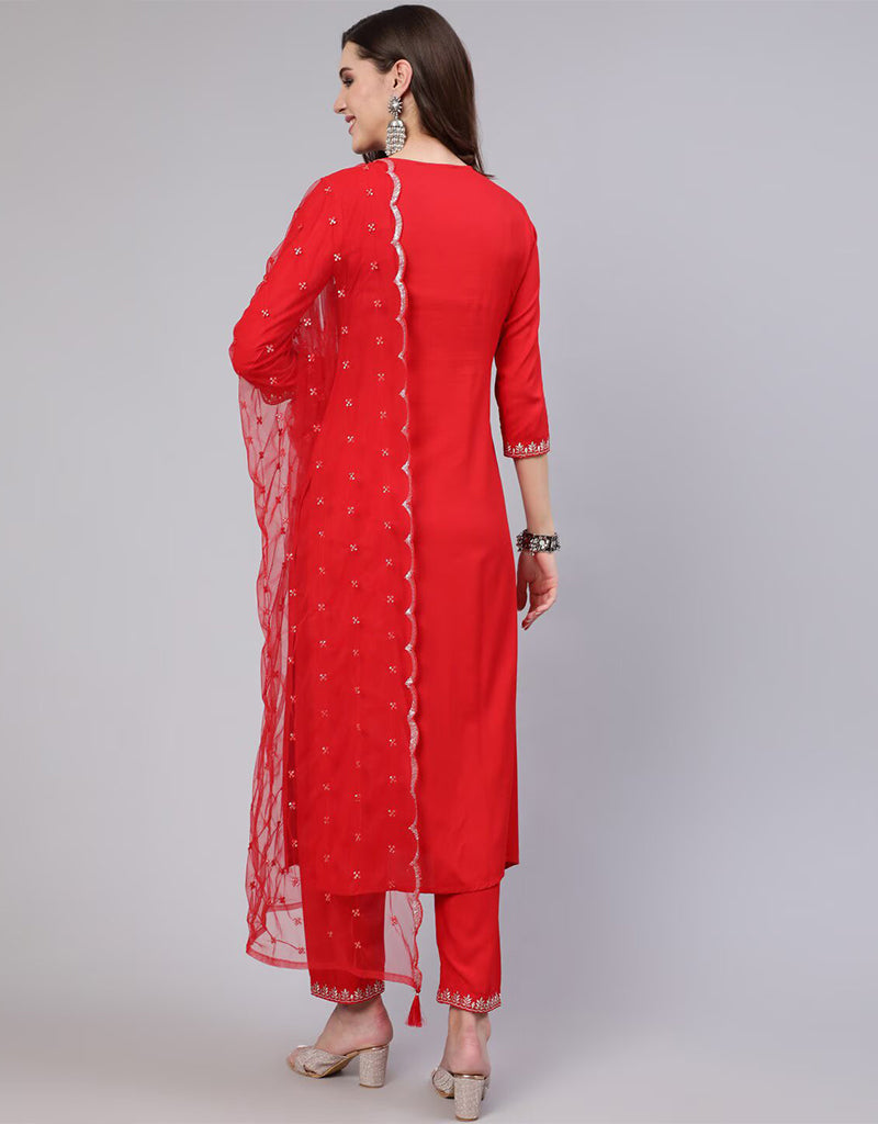 Ruby Red Viscos Rayon Straight Pant Ruby Red Digital Printed Work