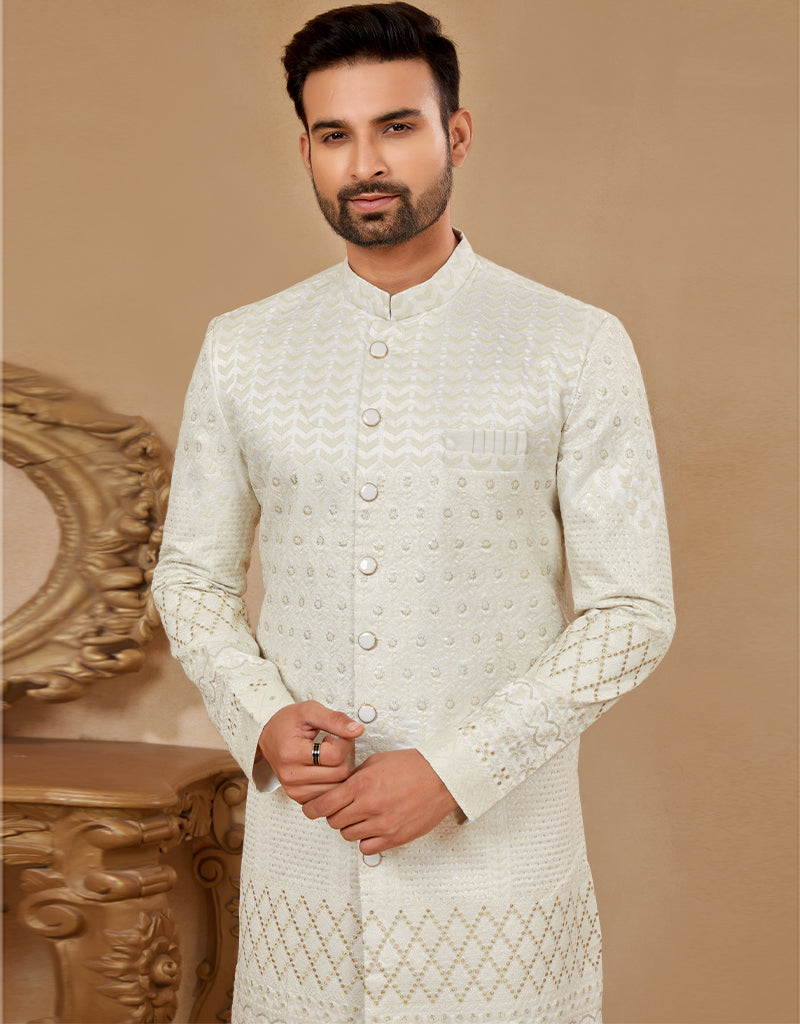 Readymade Men's traditional wear Off White Kurta Mukti Sherwani Jaq ...