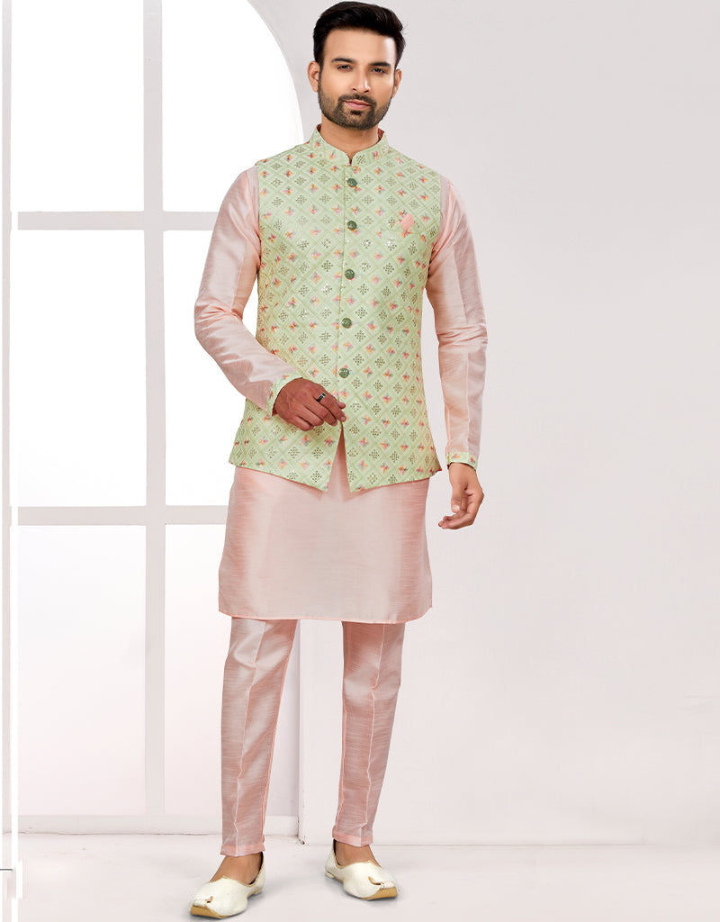 Readymade Men's traditional wear Green Kurta Mukti Lucknowni Jaq Pant ...