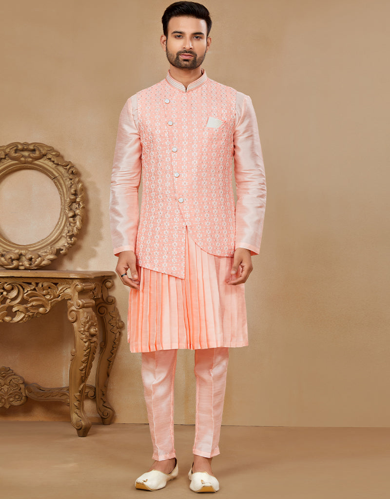 Readymade Men's traditional wear Peach Kurta Mukti Lucknowni Jaq Pant ...