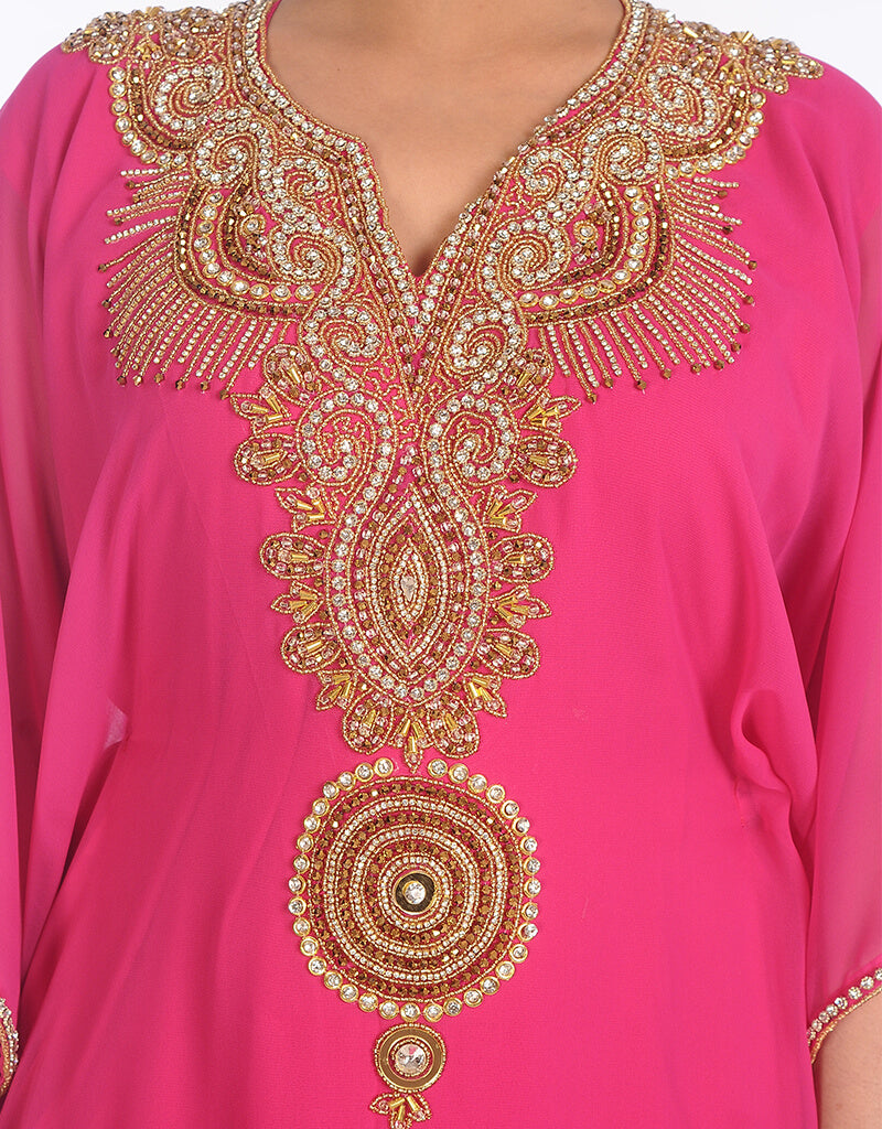 Arabic Pink Georgette Hand Embroidery Party Wear Kaftan Dubai, Multi ...