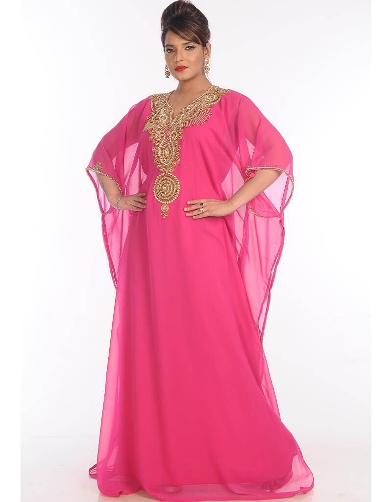 Arabic Pink Georgette Hand Embroidery Party Wear Kaftan Dubai, Multi ...