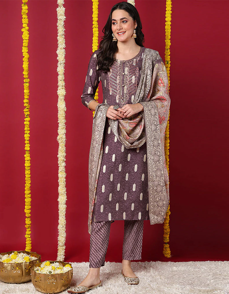 Blended Silk Ready Made Set With Dupatta Congo Brown Blended Silk Pant ...