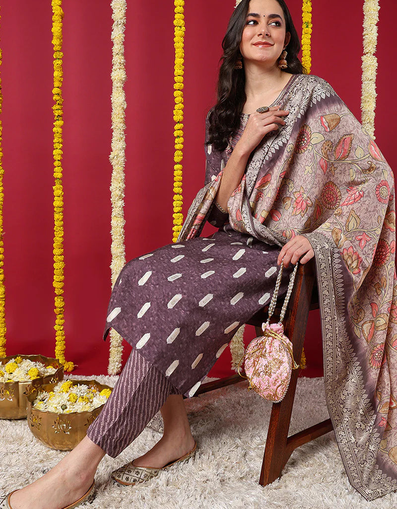 Blended Silk Ready Made Set With Dupatta Congo Brown Blended Silk Pant ...