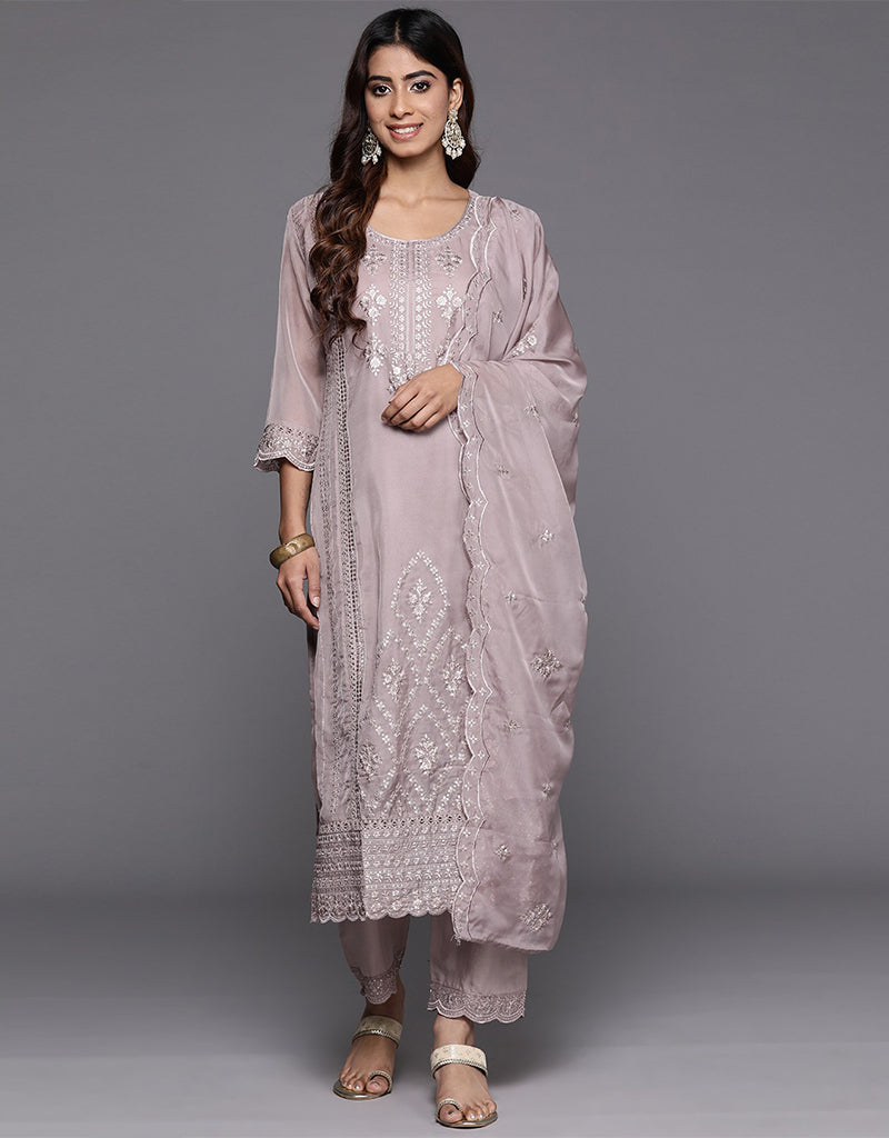 Pakistani Style Kameez With Plazo Dupatta Set In Pink Swan Blended Silk ...