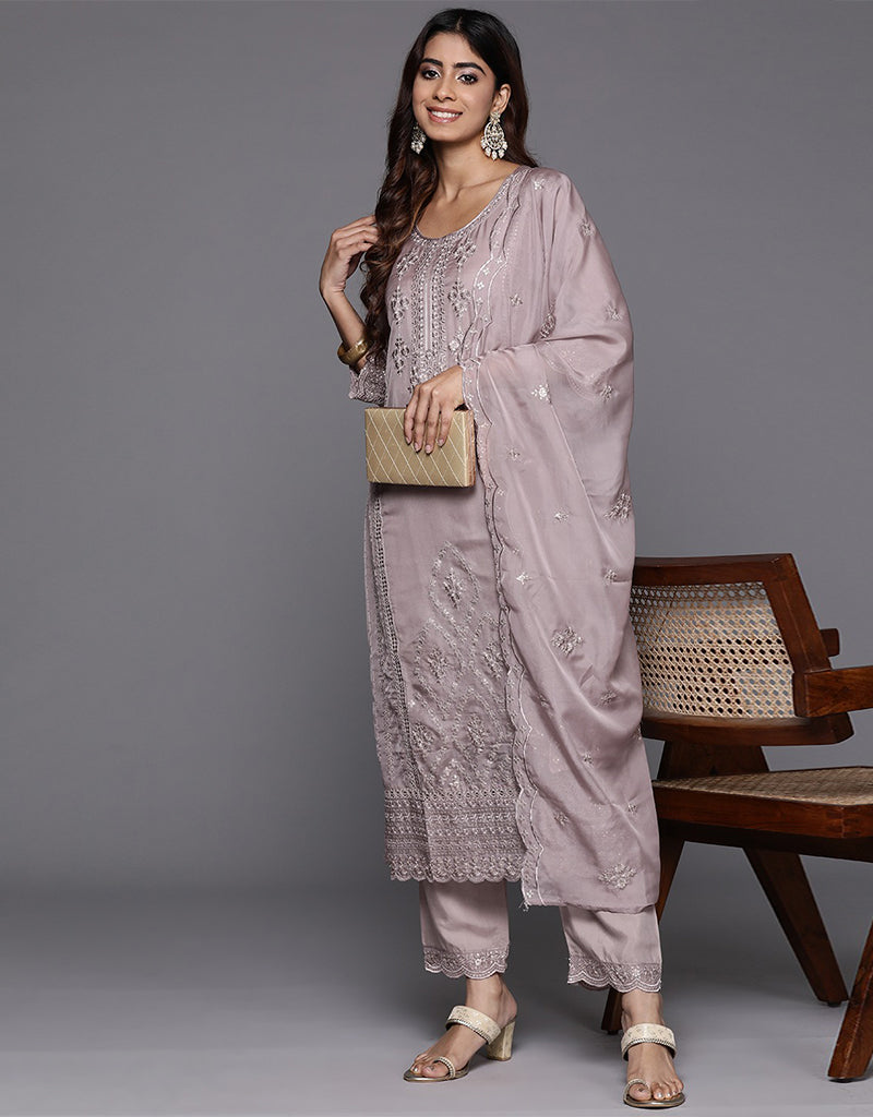 Pakistani Style Kameez With Plazo Dupatta Set In Pink Swan Blended Silk ...