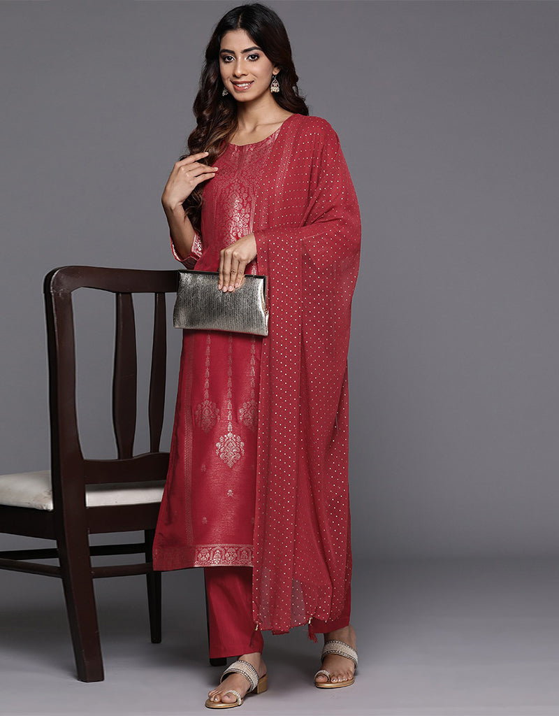Pakistani Style Kameez With Plazo Dupatta Set In Deep Carmine Blended ...