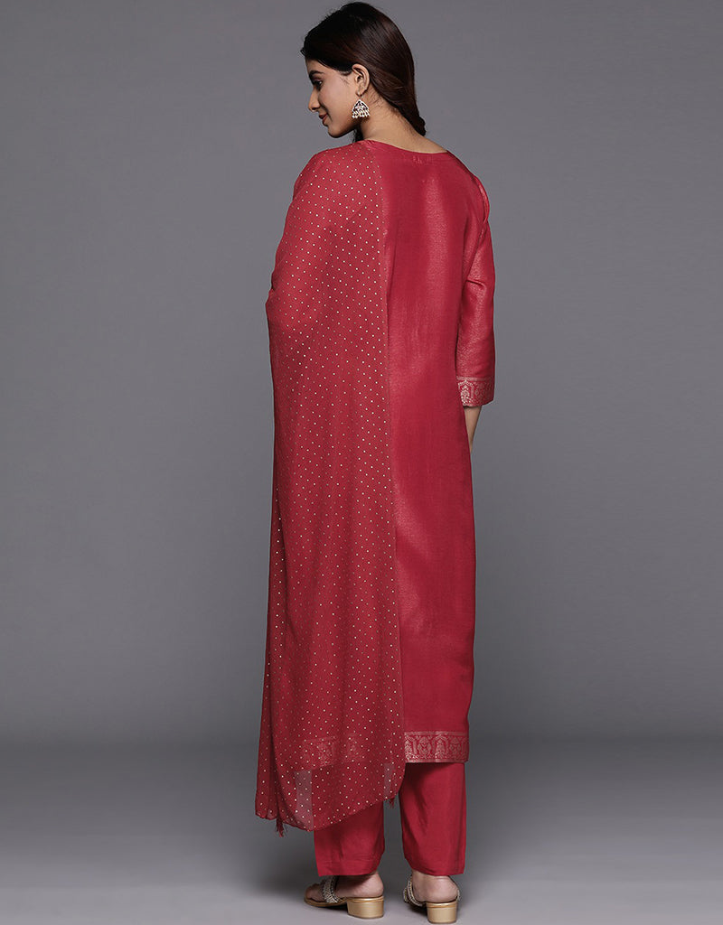 Pakistani Style Kameez With Plazo Dupatta Set In Deep Carmine Blended ...