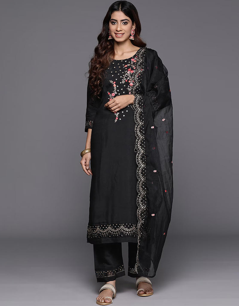 Pakistani Style Kameez With Plazo Dupatta Set In Onyx Blended Silk With ...