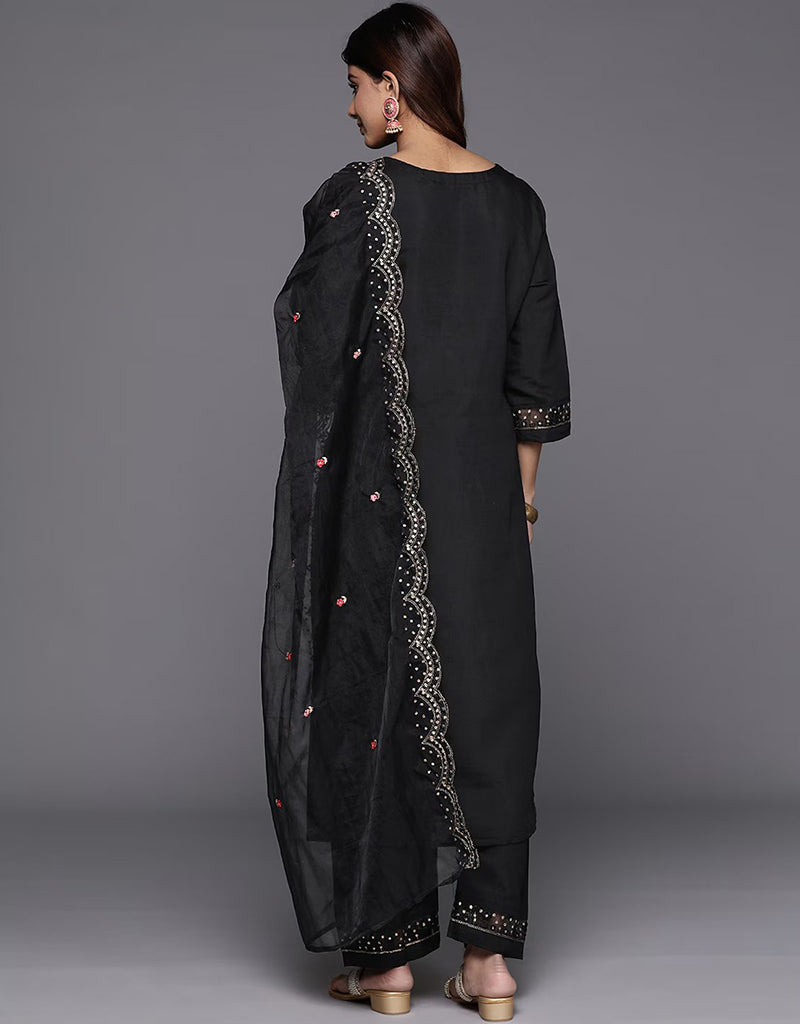 Pakistani Style Kameez With Plazo Dupatta Set In Onyx Blended Silk With ...