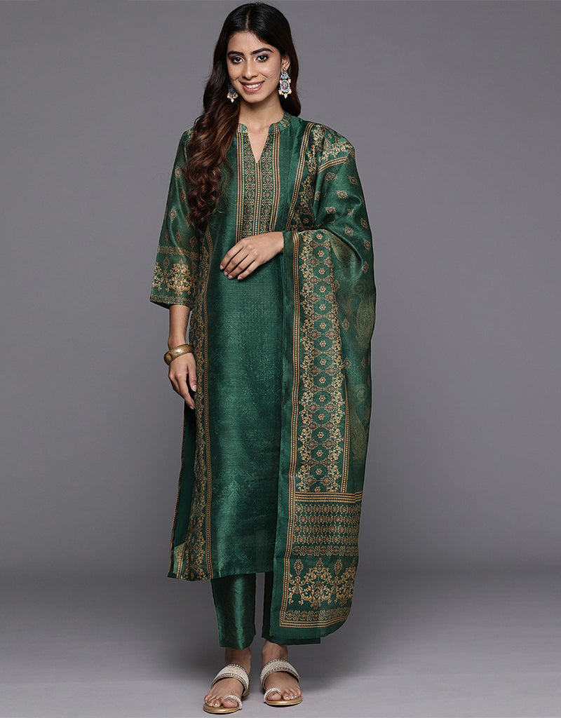 Pakistani Style Kameez With Plazo Dupatta Set In Everglade Chanderi ...