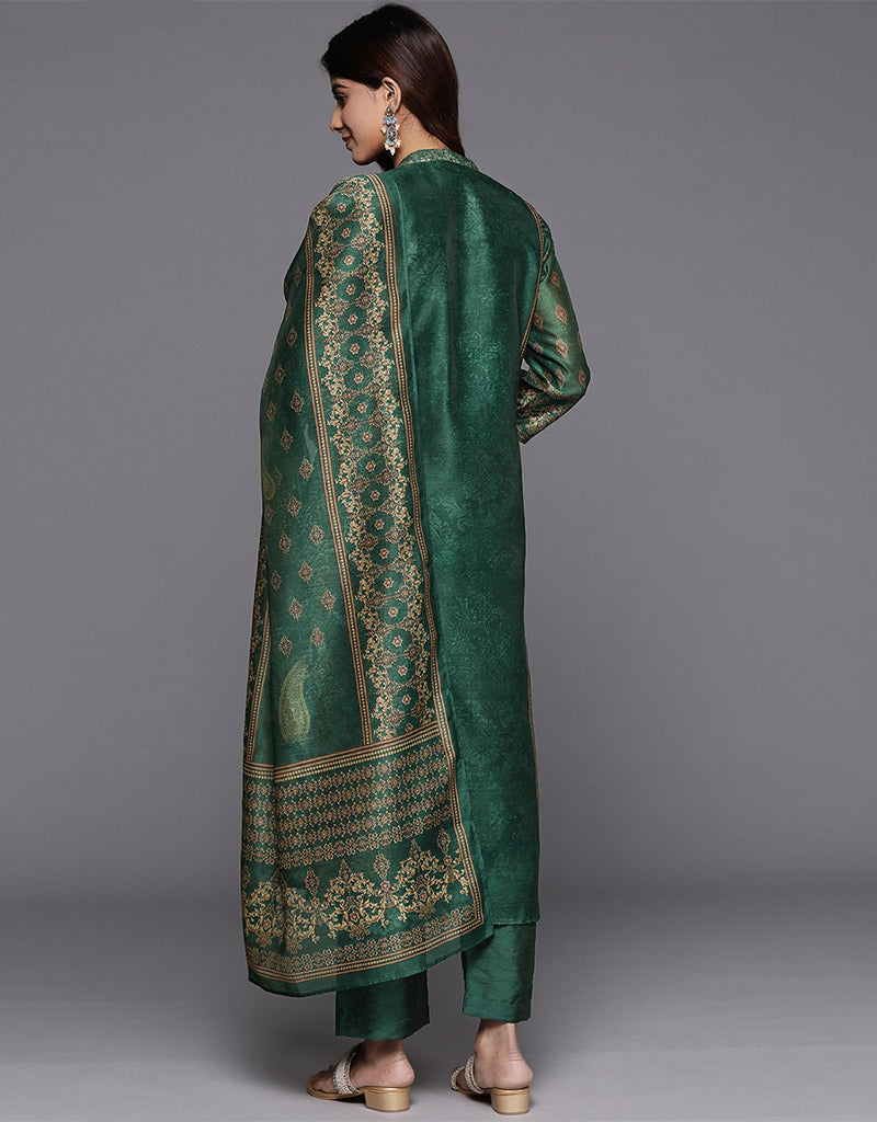Pakistani Style Kameez With Plazo Dupatta Set In Everglade Chanderi ...