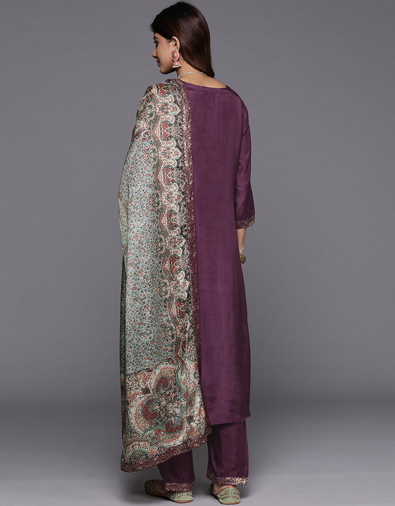 Pakistani Style Kameez With Plazo Dupatta Set In Plum Purple Blended ...