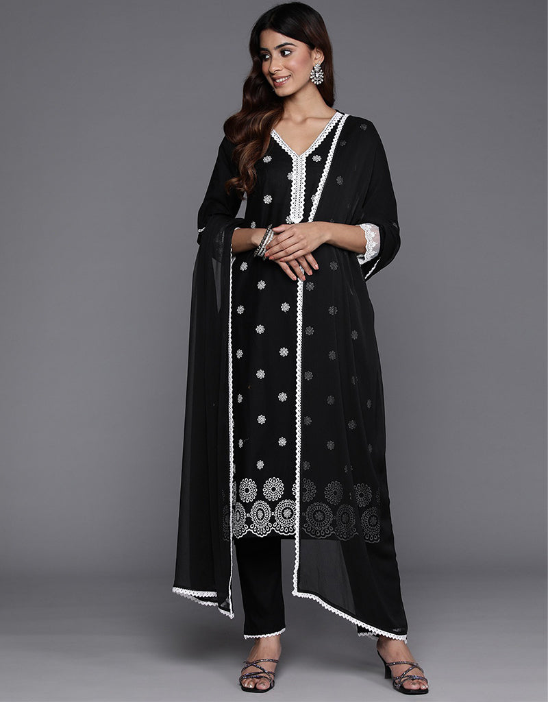 Pakistani Style Kameez With Plazo Dupatta Set In Woodsmoke Pure Cotton ...