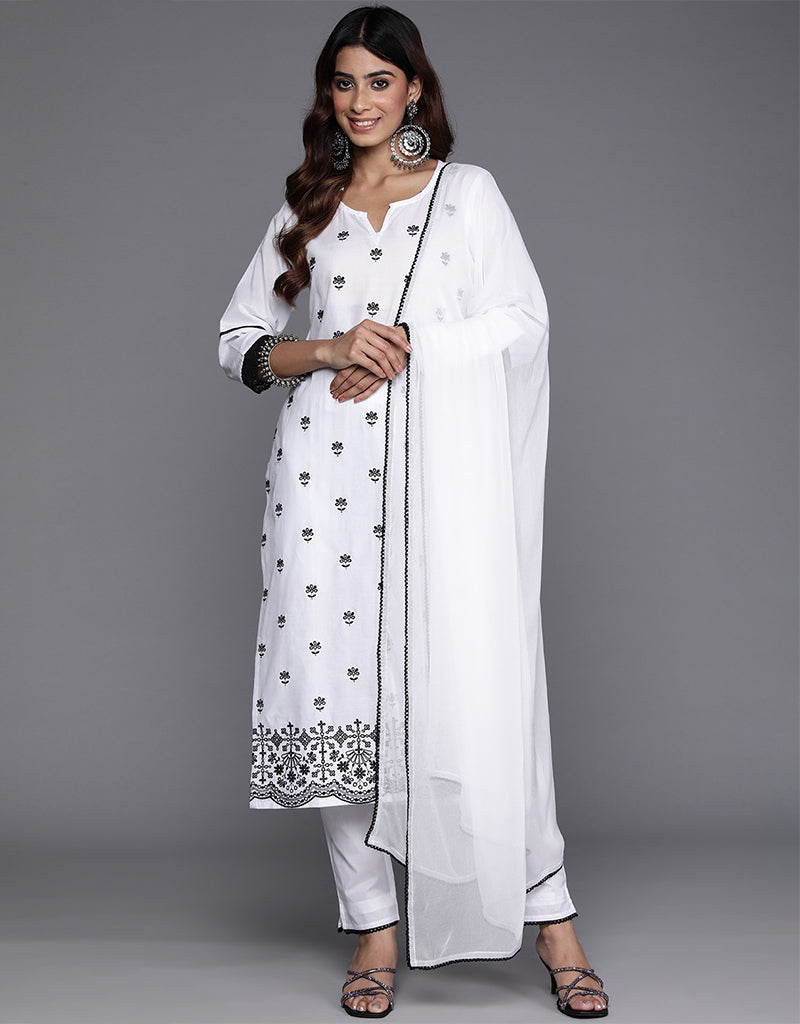 Pakistani Style Kameez With Plazo Dupatta Set In White Smoke Pure ...
