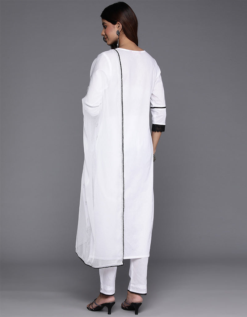 Pakistani Style Kameez With Plazo Dupatta Set In White Smoke Pure ...