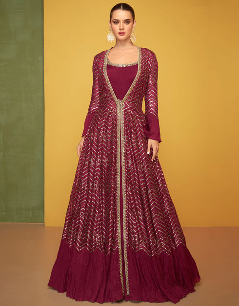 Red Premium Silk Na Gown Blue Heavy Thread Embroidery With Sequins Work ...
