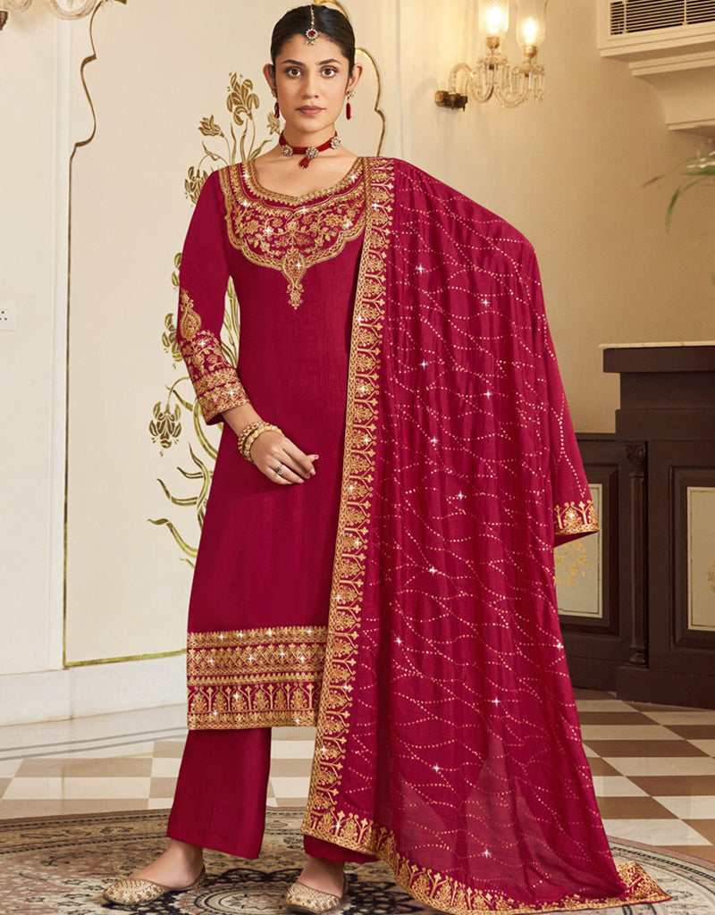 Ruby Pure Vichitra Pant Straight Pink Heavy Thread Embroidery With ...