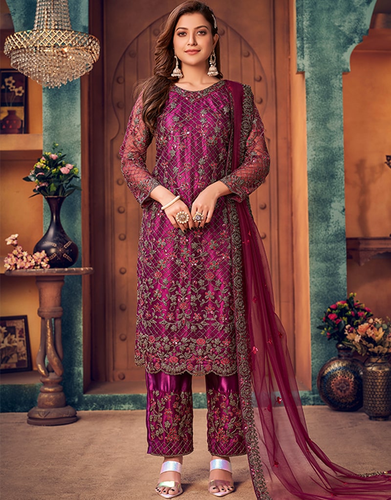 Magenta Net Pant Suit Magenta Embroidery Work DF-2400-2412 – Arabic attire