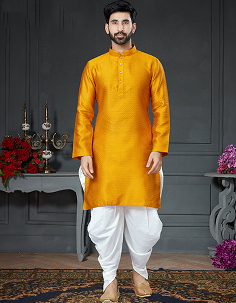 Dark Yellow Kurta Silk With Woven Dhoti Dark Yellow Plain – Arabic attire