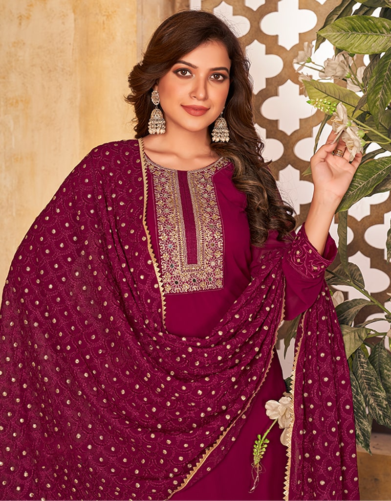 Maroon Faux Georgette Pant Suit Maroon Embroidery Work DF-2500-2513 ...