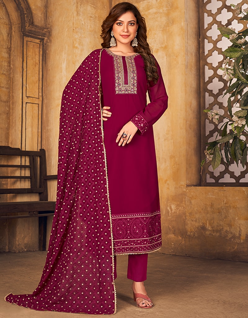 Maroon Faux Georgette Pant Suit Maroon Embroidery Work DF-2500-2513 ...