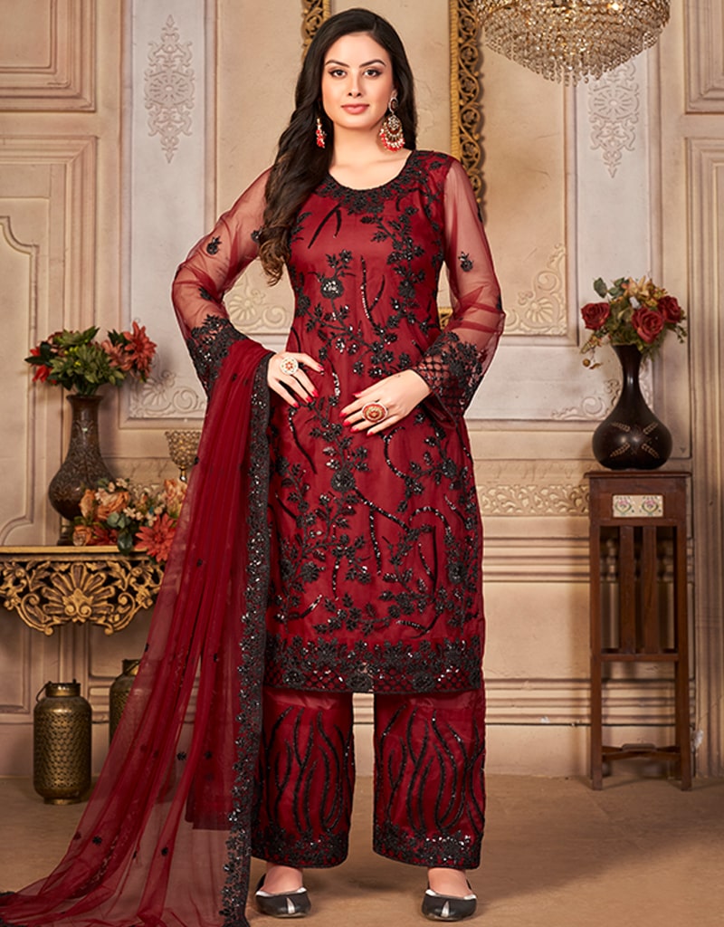 Maroon Heavy Net Pant Suit Maroon Heavy Embroidred Work – Arabic attire