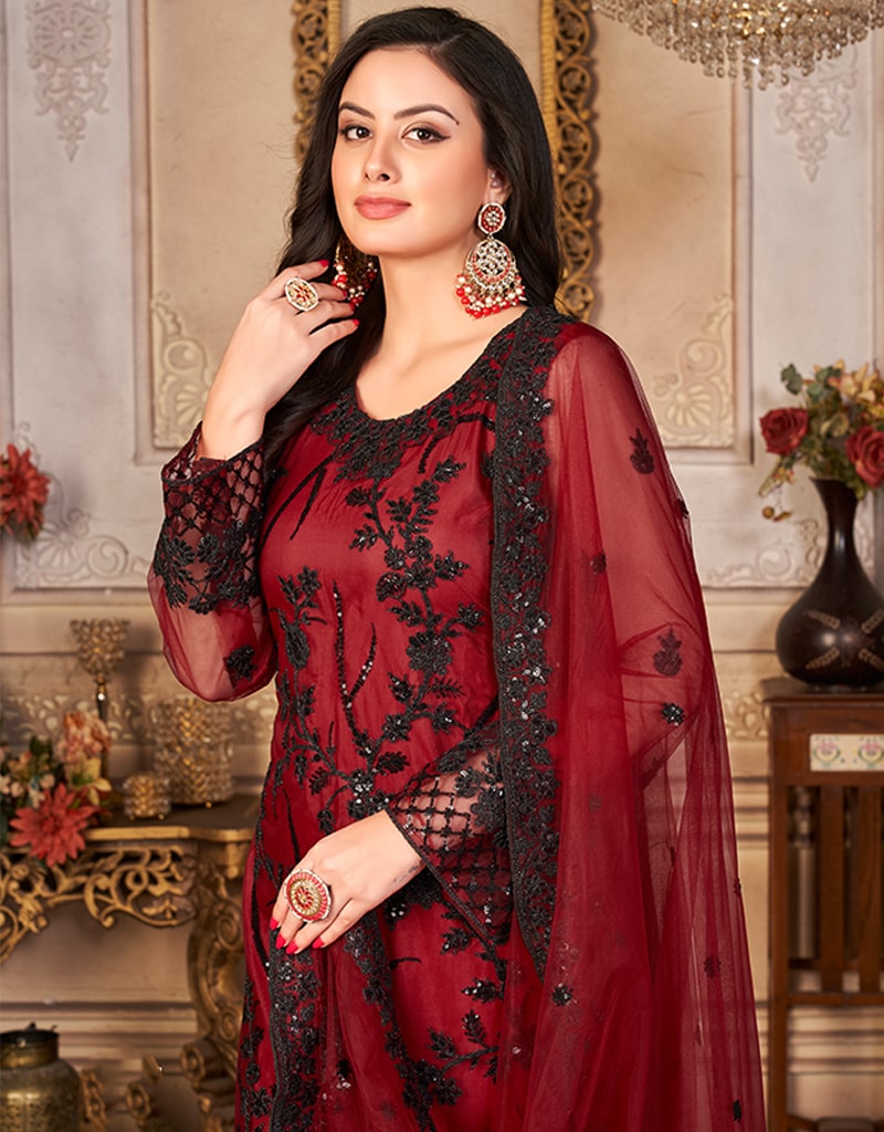 Maroon Heavy Net Pant Suit Maroon Heavy Embroidred Work – Arabic attire