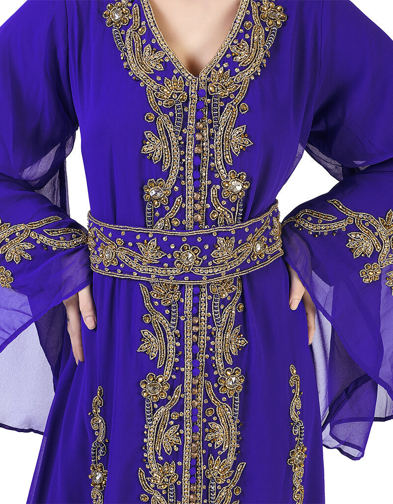 Muslim Blue Georgette Pearl Embroidery Kaftan Moroccan, Golden ...