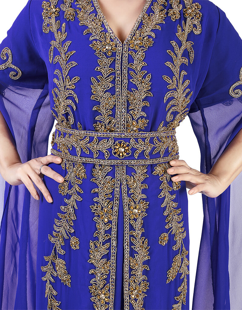 Trendy Blue Georgette Pearl Embroidery Kaftan Moroccan, Golden ...