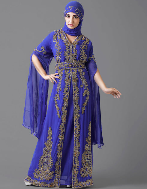 Trendy Blue Georgette Pearl Embroidery Kaftan Moroccan, Golden ...