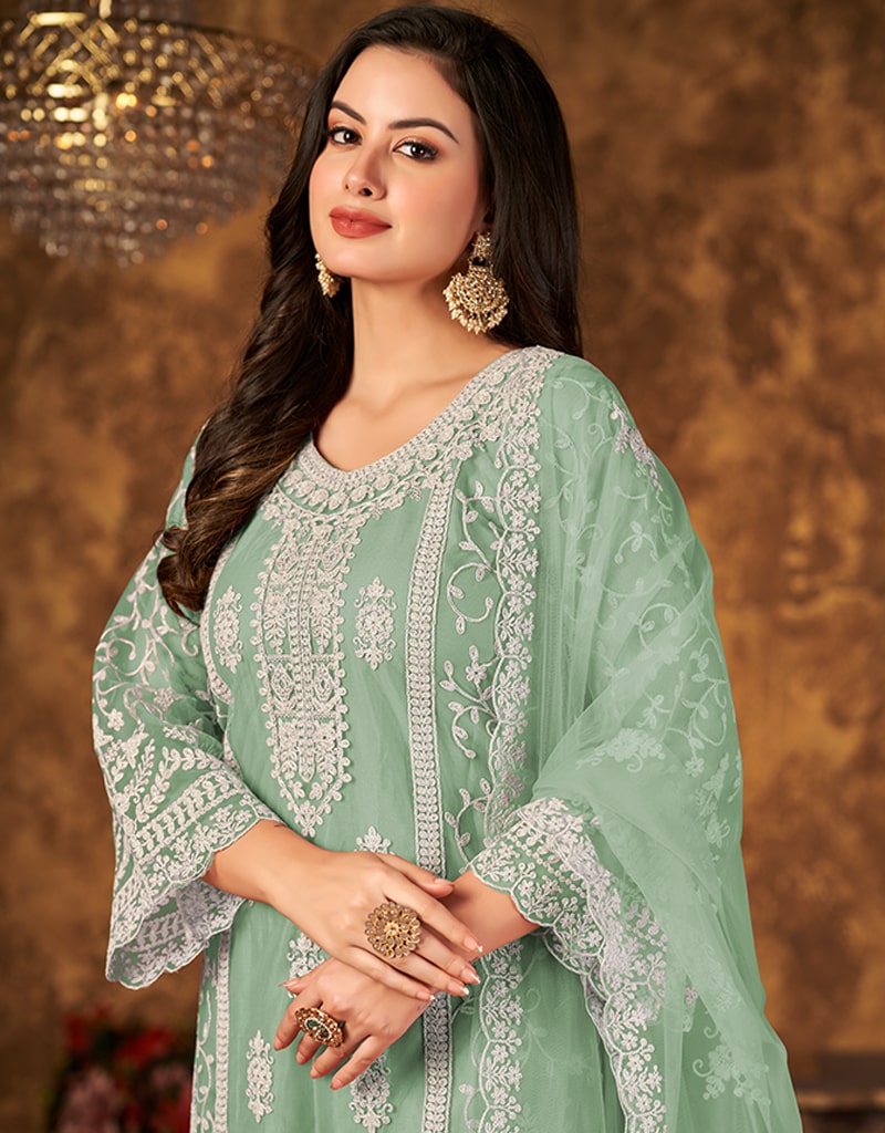 Sea Green Heavy Net Palazzo Suit Sea Green Heavy Embroidred Work ...