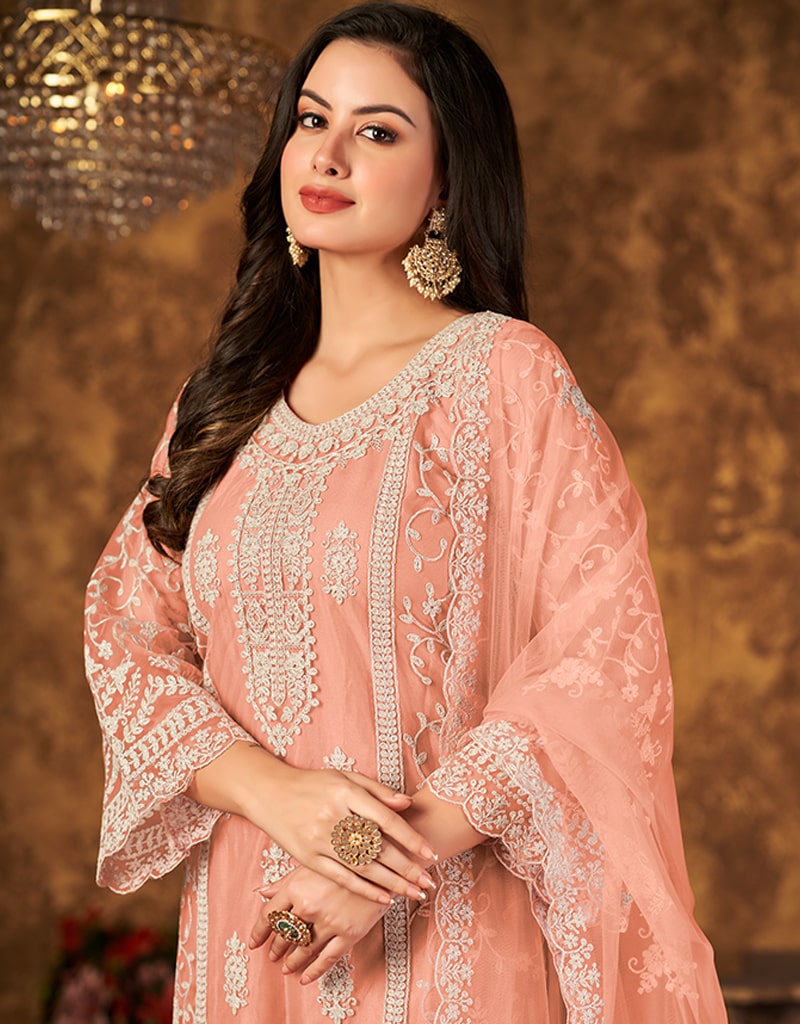 Peach Heavy Net Palazzo Suit Peach Heavy Embroidred Work – Arabic attire