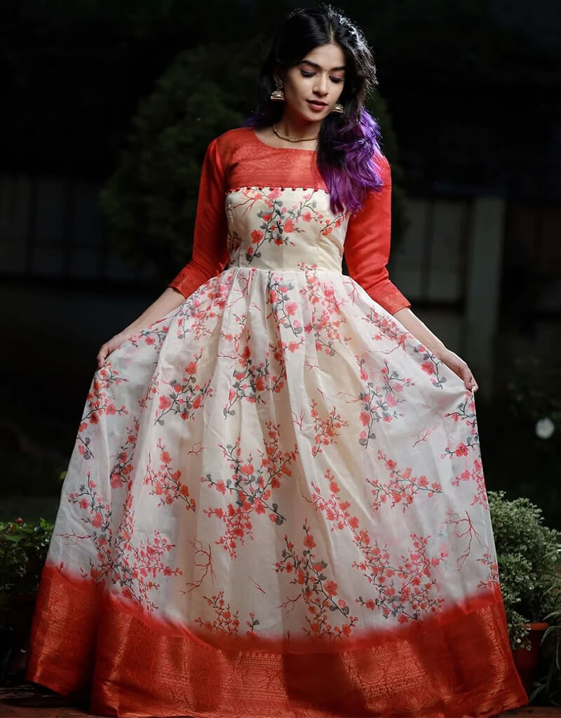 Red Red Color Digital Printed Soft Cotton Gown Red Digital Printed Work ...