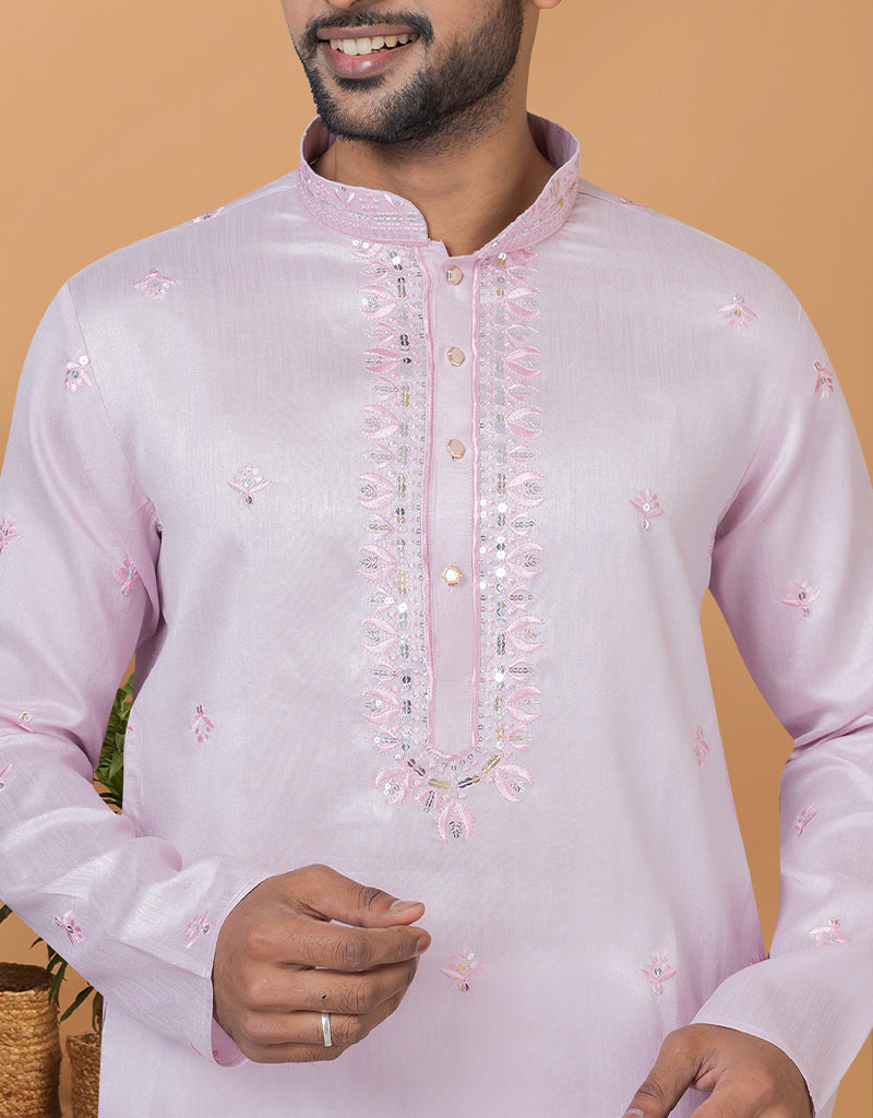 Readymade Men's Indo Western Light Pink Kurta Silk Churidar Pink Silk ...