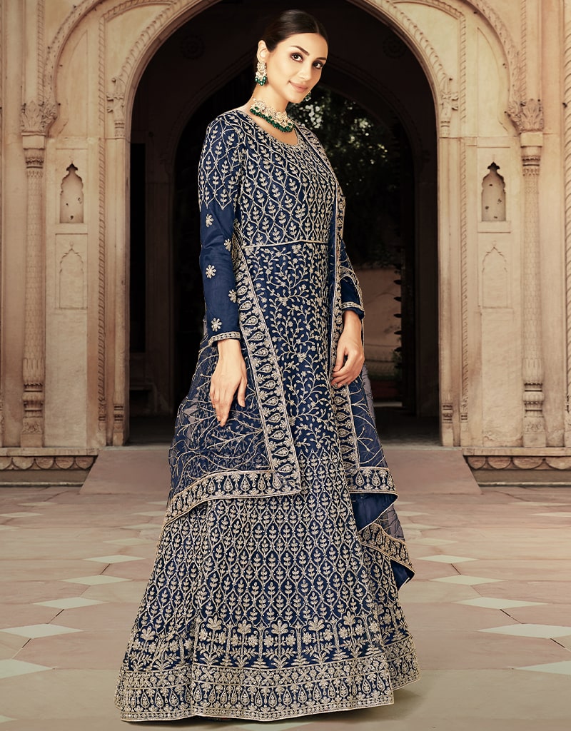 Blue Anarkali style Anarkali Semi-Stitched Suits Salwar Kameez in Heavy ...