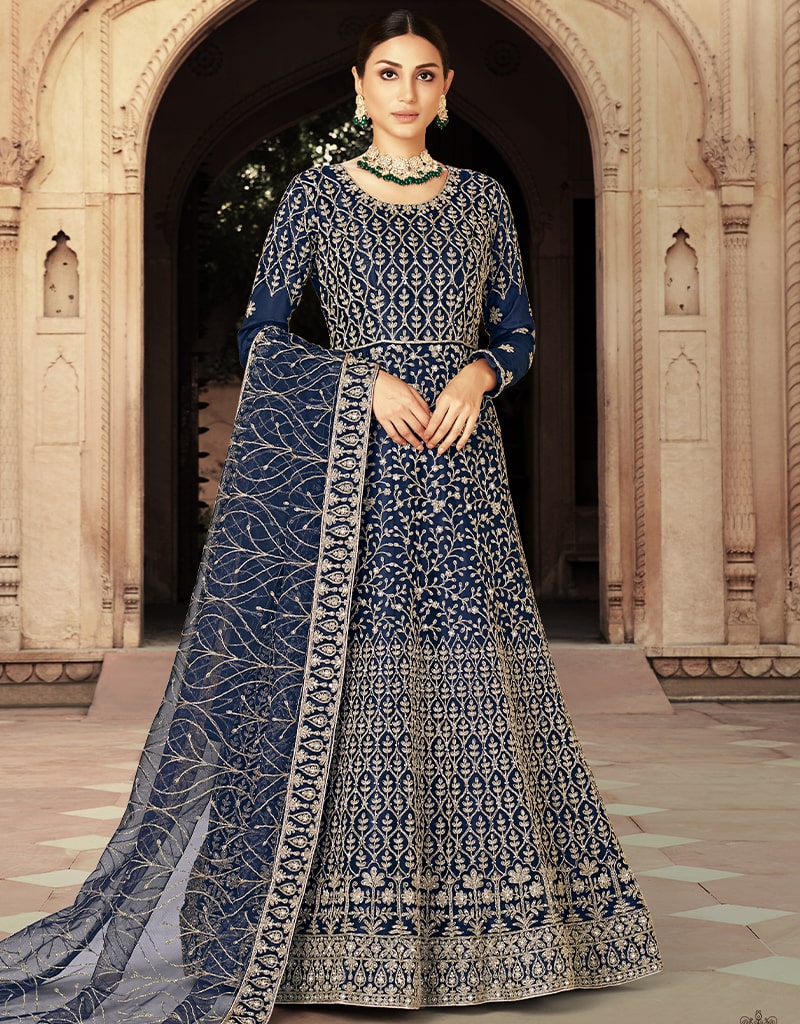 Blue Anarkali style Anarkali Semi-Stitched Suits Salwar Kameez in Heavy ...