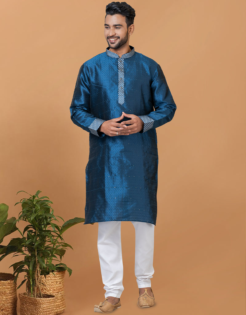 Readymade Men's Kurta Pyjama Teal Kurta Silk Churidar Teal Sequence ...