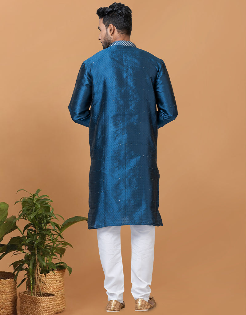 Readymade Men's Kurta Pyjama Teal Kurta Silk Churidar Teal Sequence ...