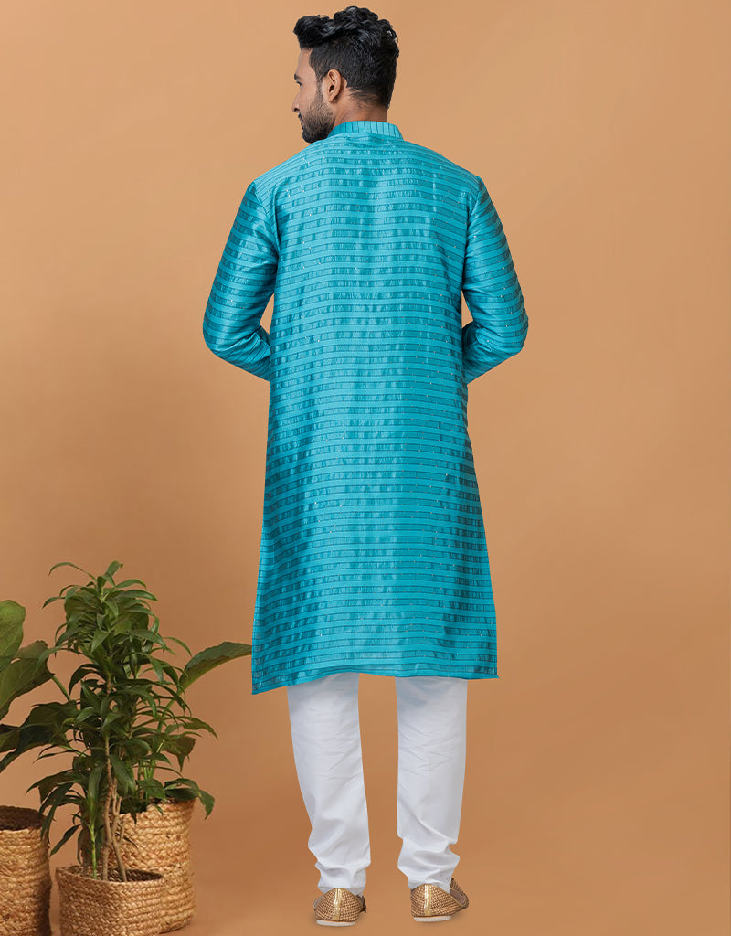 Readymade Men's Kurta Pyjama Firozi Kurta Silk Churidar Green Sequence ...