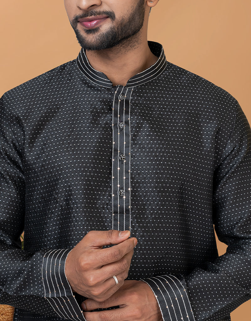 Readymade Men's Kurta Pyjama Black Kurta Silk Churidar Black Sequence ...