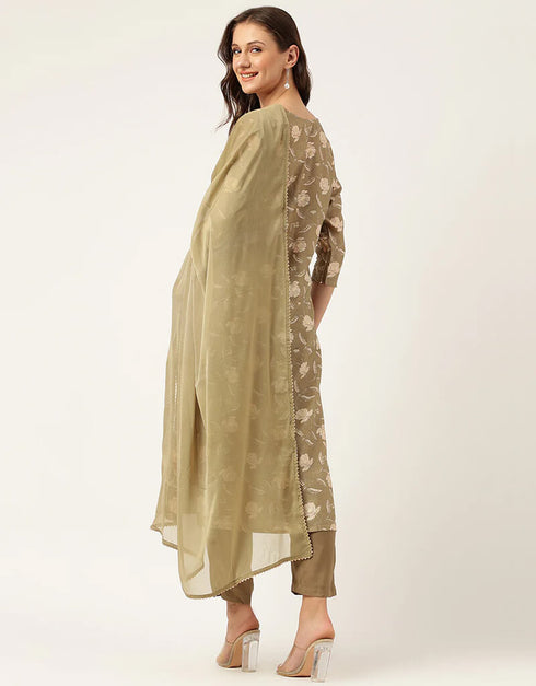 Congo Brown Cotton Straight Pant Brown Meck embroiedery & Print ...
