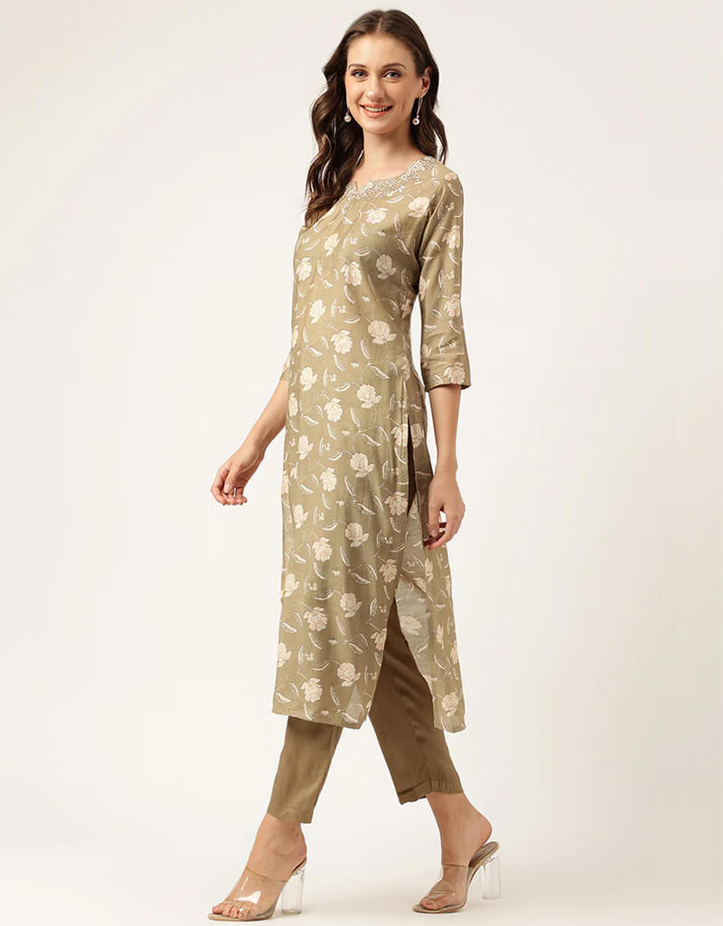 Congo Brown Cotton Straight Pant Brown Meck embroiedery & Print ...
