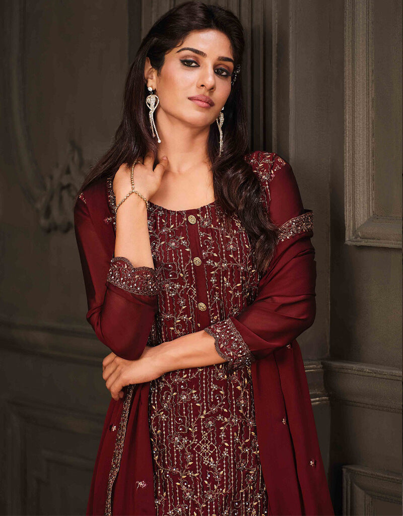 Maroon Oak 2 Tone Cationic Georgette Pant Straight Maroon Embroidery ...
