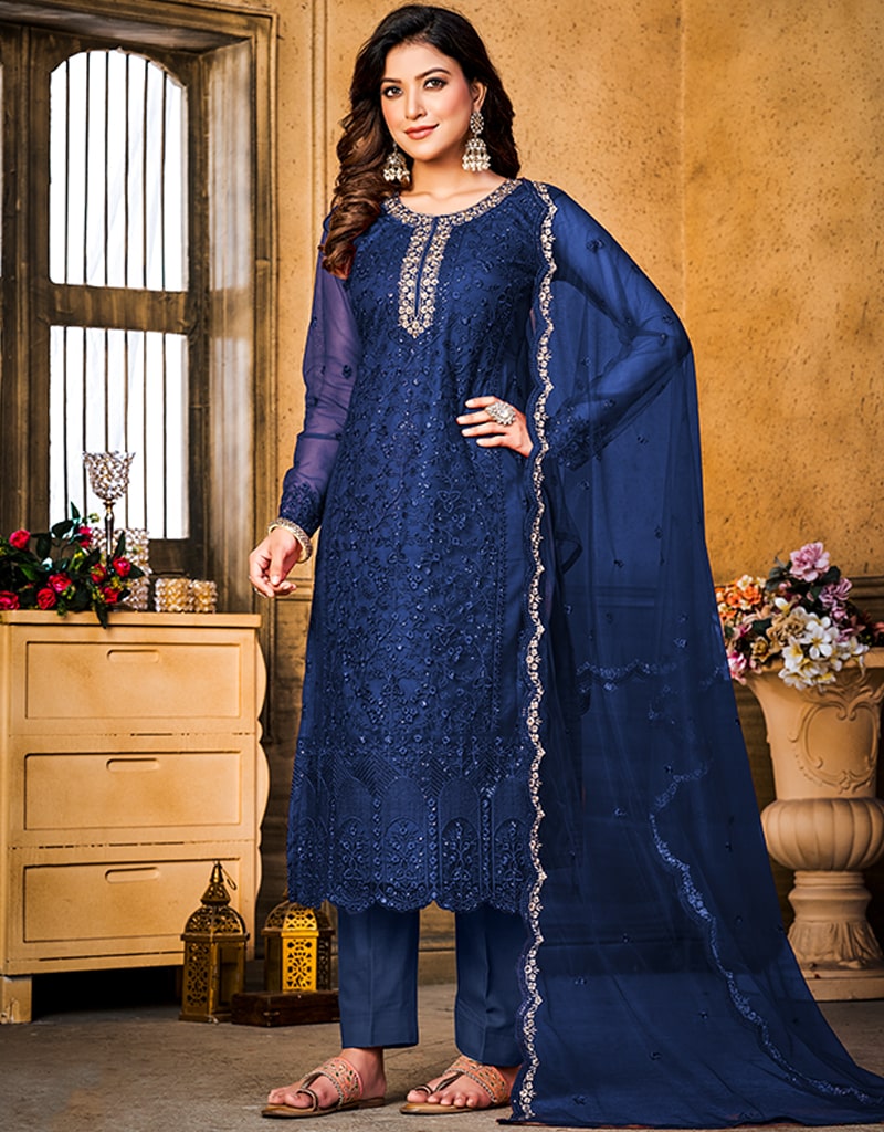 Nile Blue Net Pant Straight Blue Heavy Embroidery Work DF-163-6303 ...