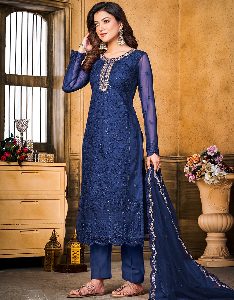 Nile Blue Net Pant Straight Blue Heavy Embroidery Work DF-163-6303 ...