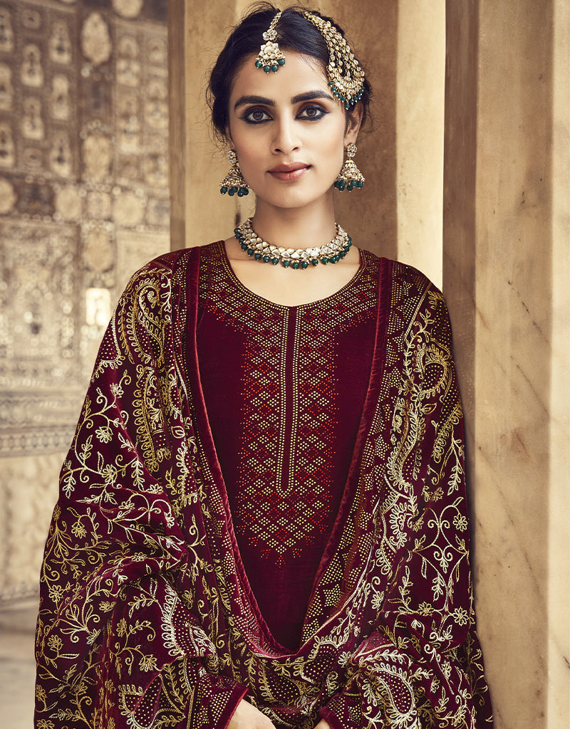 Dark Maroon Pant style Suit Velvet Salwar Kameez in Embroidery, Hand ...