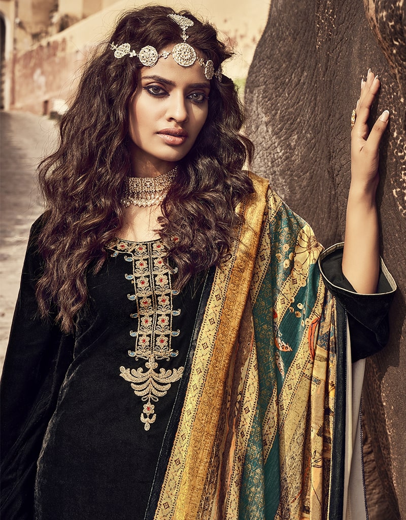 Black Palazzo style Suit Velvet Salwar Kameez in Digital Print ...